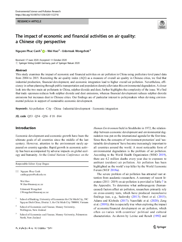 (PDF) The impact of economic and financial activities on air quality: a ...