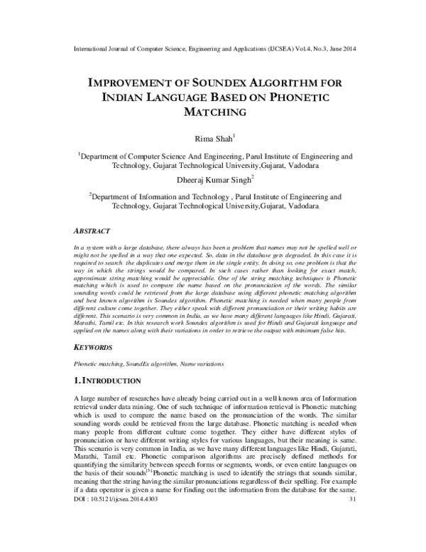(PDF) Indian Language Based on Phonetic Matching | Dheeraj Kumar Singh - Academia.edu