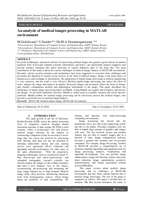 (PDF) An analysis of medical images processing in MATLAB environment