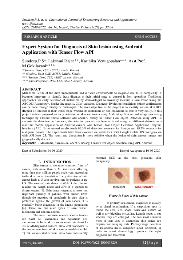 Pdf Expert System For Diagnosis Of Skin Lesion Using Android Application With Tensor Flow Api