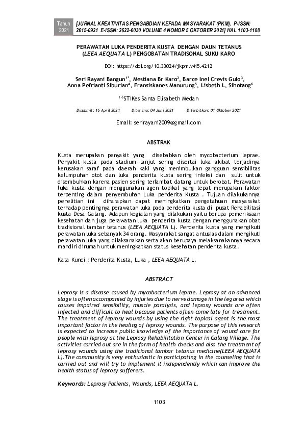 (PDF) Perawatan Luka Penderita Kusta Dengan Daun Tetanus (Leea Aequata ...