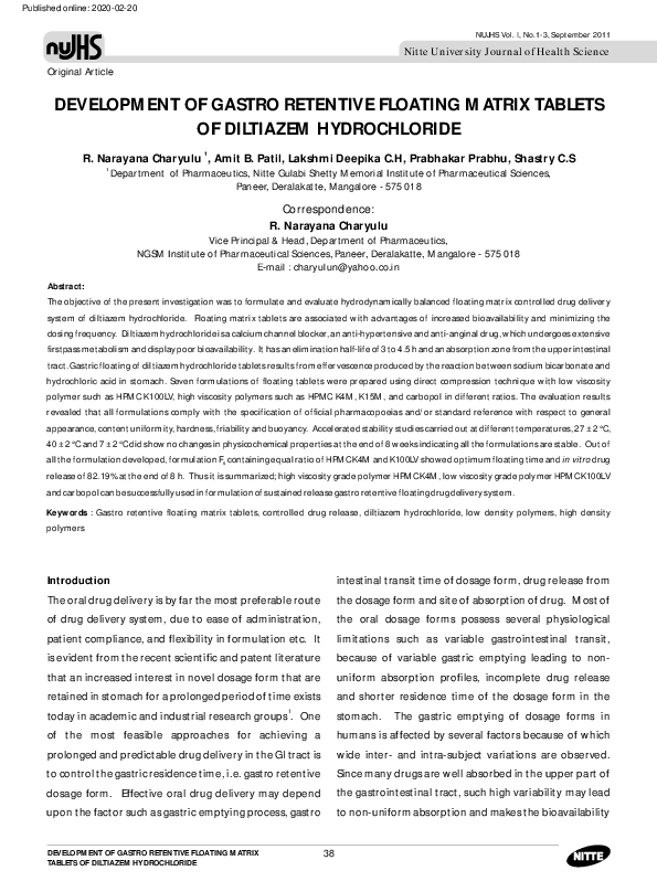 Pdf Development Of Gastro Retentive Floating Matrix Tablets Of Diltiazem Hydrochloride
