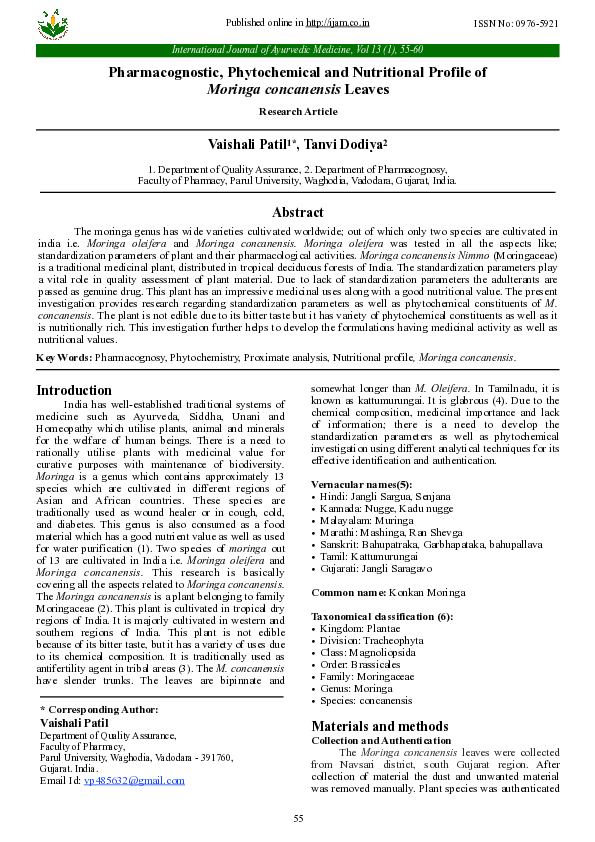 (PDF) Pharmacognostic, Phytochemical and Nutritional Profile of Moringa concanensis Leaves