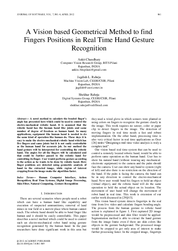 (PDF) A Vision based Geometrical Method to find Fingers Positions in ...