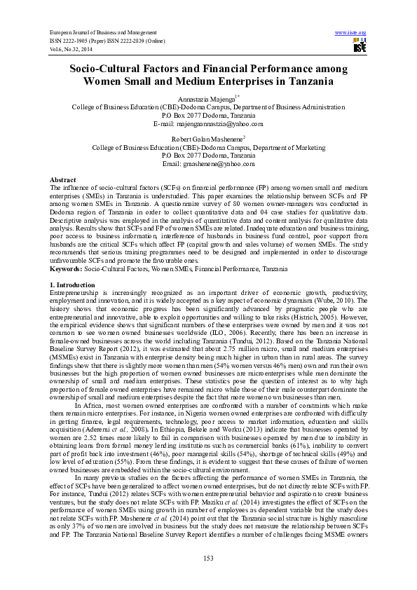 (PDF) Socio-Cultural Factors and Financial Performance among Women Small and Medium Enterprises ...