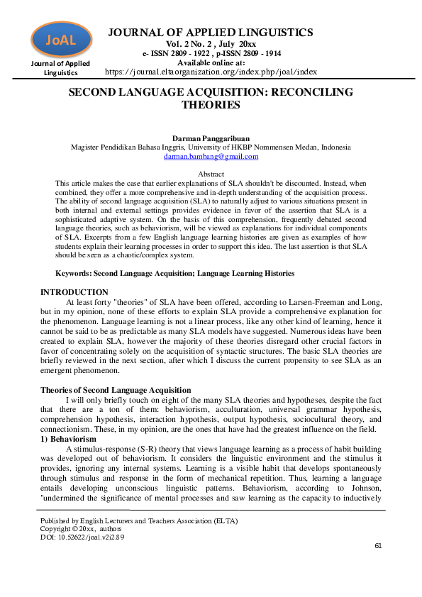 (PDF) Second Language Acquisition: Reconciling Theories