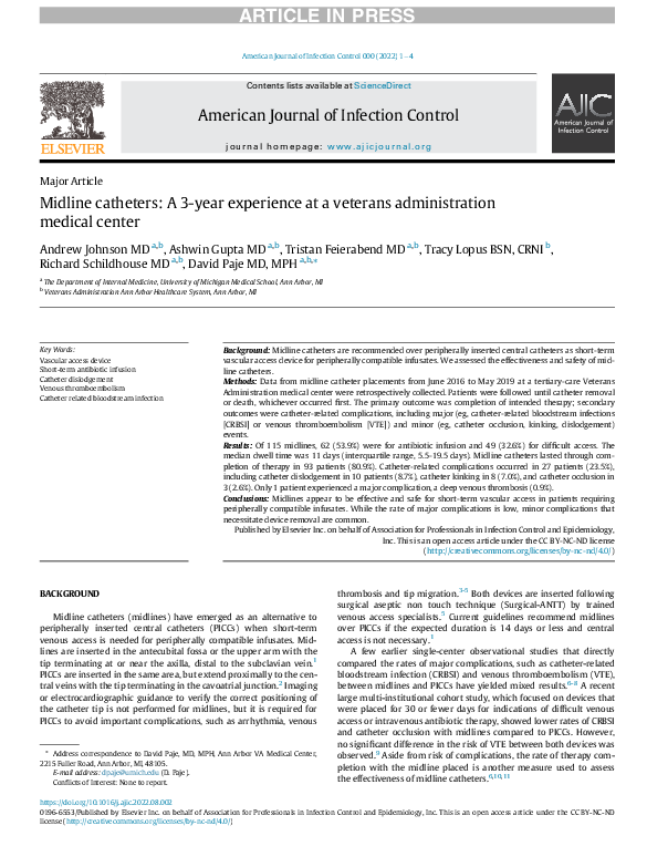 (PDF) Midline catheters: A 3-year experience at a veterans ...