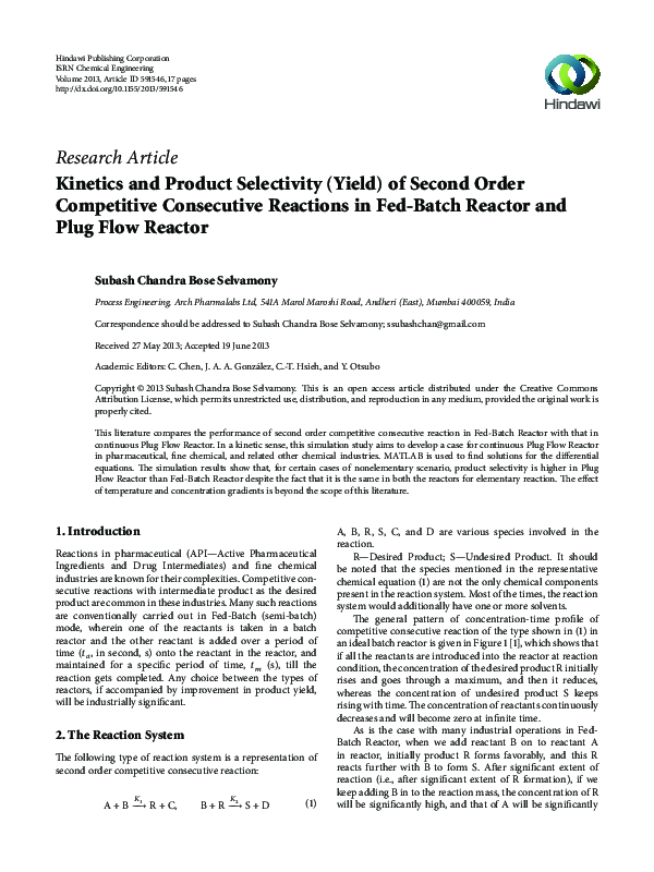 (PDF) Kinetics and Product Selectivity (Yield) of Second Order Competitive Consecutive Reactions ...