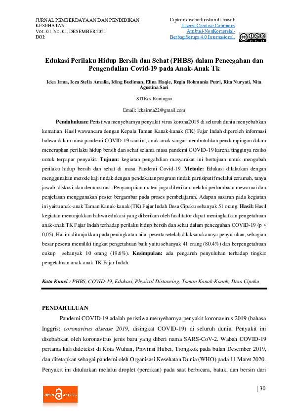 (PDF) Edukasi Perilaku Hidup Bersih Dan Sehat (PHBS) Dalam Pencegahan Dan Pengendalian COVID-19 ...