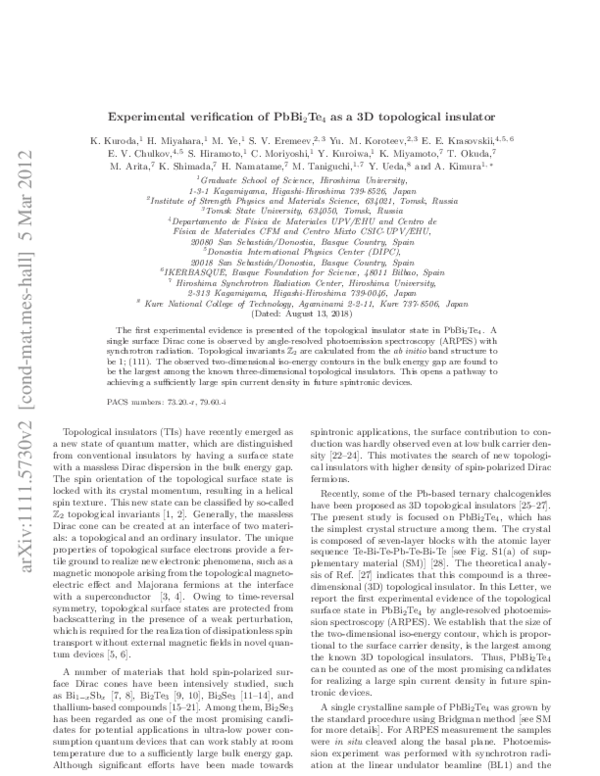 (PDF) Experimental Verification ofPbBi2Te4as a 3D Topological Insulator