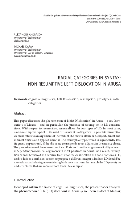(PDF) Radial Categories in Syntax: Non-Resumptive Left Dislocation in Arusa