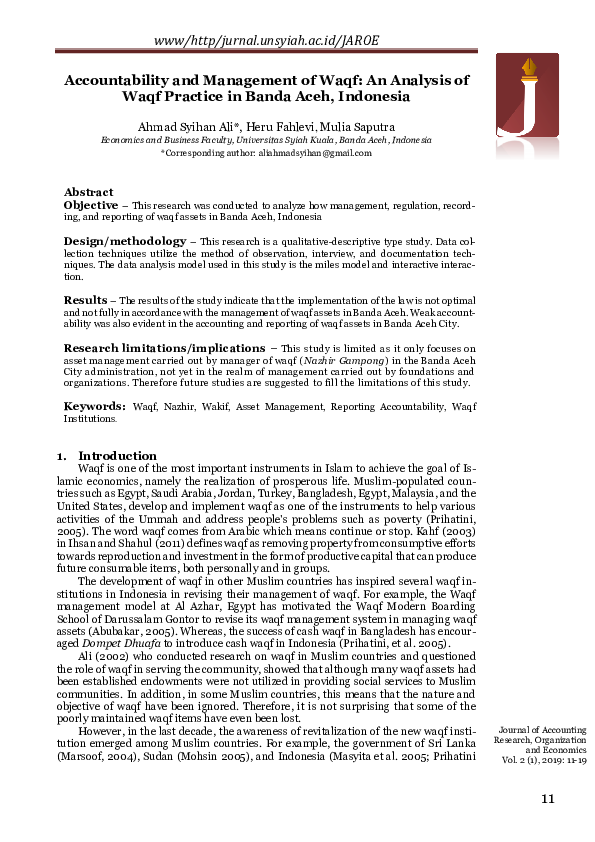 (PDF) Accountability and Management of Waqf: An Analysis of Waqf Practice in Banda Aceh, Indonesia