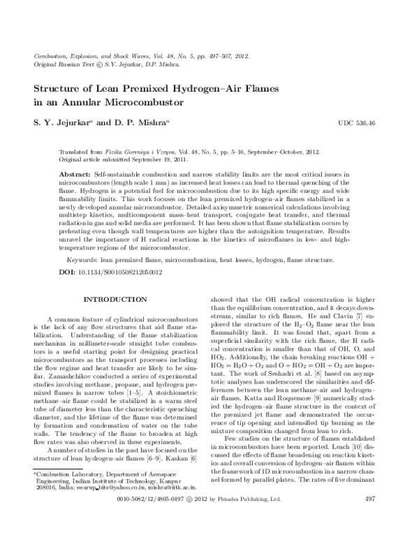 (PDF) Structure of lean premixed hydrogen-air flames in an annular microcombustor | Prof D. P ...