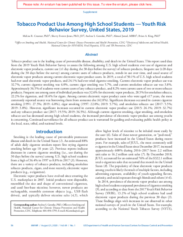 (PDF) Tobacco Product Use Among High School Students — Youth Risk ...