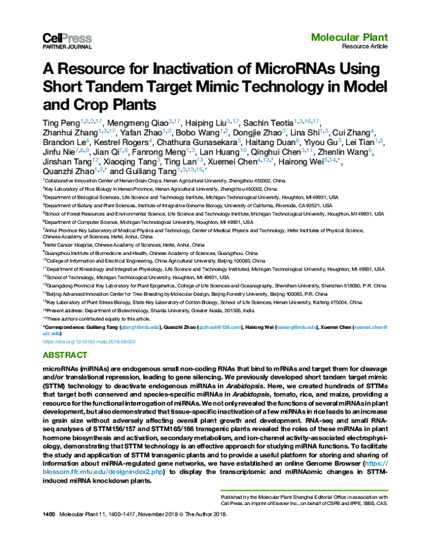 (PDF) A Resource for Inactivation of microRNAs Using Short Tandem Target Mimic Technology in ...