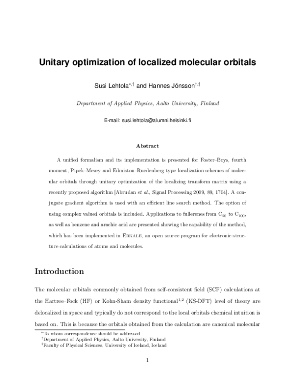 (PDF) Unitary Optimization of Localized Molecular Orbitals