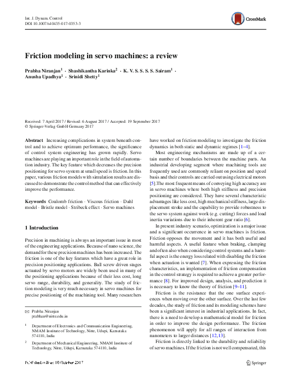 (PDF) Friction modeling in servo machines: a review