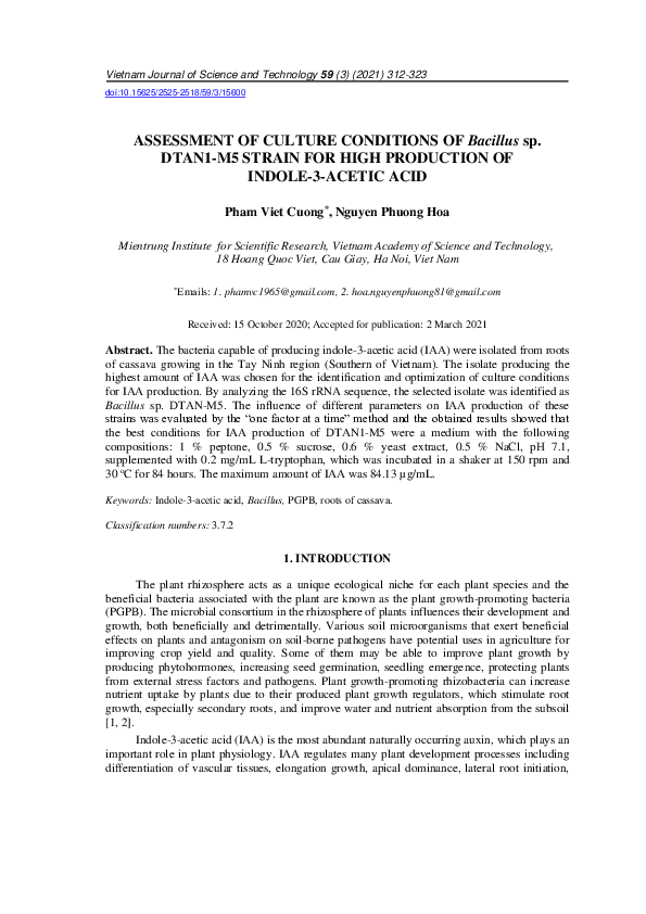 (PDF) ASSESSMENT OF CULTURE CONDITIONS OF Bacillus sp. DTAN1-M5 STRAIN ...