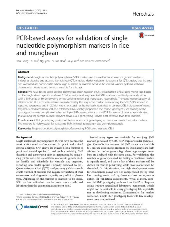(PDF) PCR-based assays for validation of single nucleotide polymorphism markers in rice and mungbean