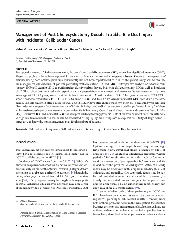 (PDF) Management of Post-Cholecystectomy Double Trouble: Bile Duct Injury with Incidental ...
