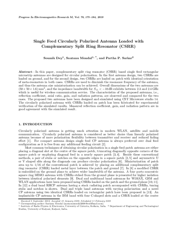 Pdf Single Feed Circularly Polarized Antenna Loaded With Complementary Split Ring Resonator Csrr