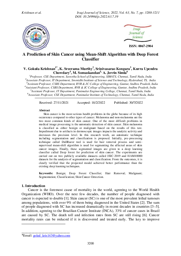 (PDF) A Prediction of Skin Cancer using Mean-Shift Algorithm with Deep Forest Classifier