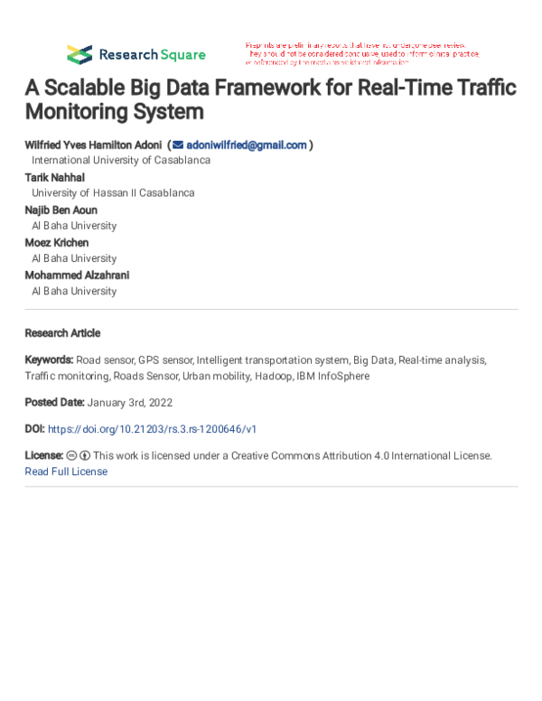 (PDF) A Scalable Big Data Framework for Real-Time Traffic Monitoring System