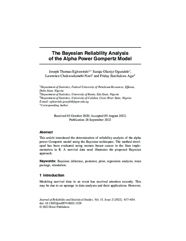 (PDF) The Bayesian Reliability Analysis of the Alpha Power Gompertz Model