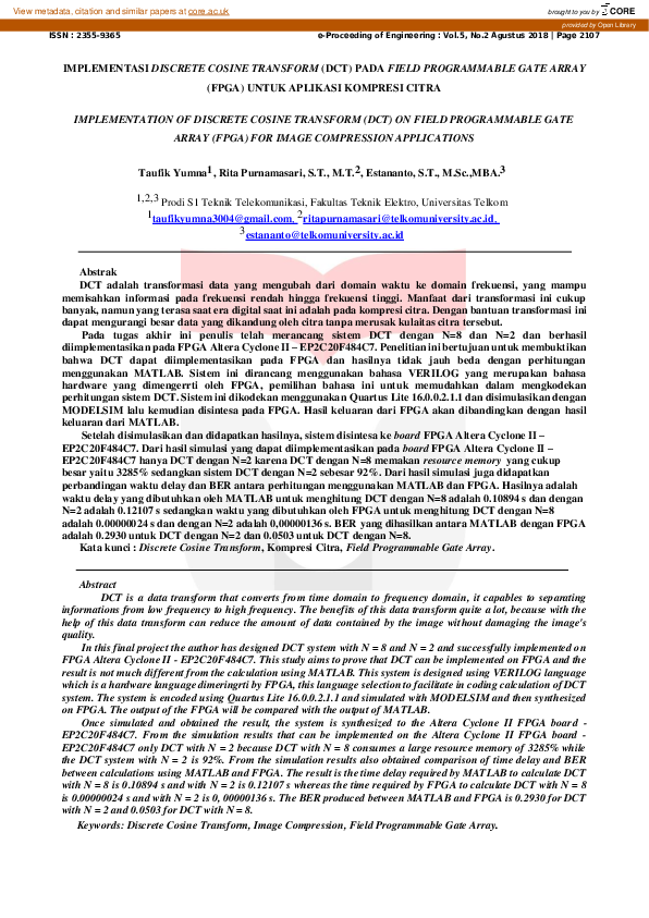 (PDF) Implementasi Discrete Cosine Transform (DCT) Pada Field Programmable Gate Array (Fpga ...