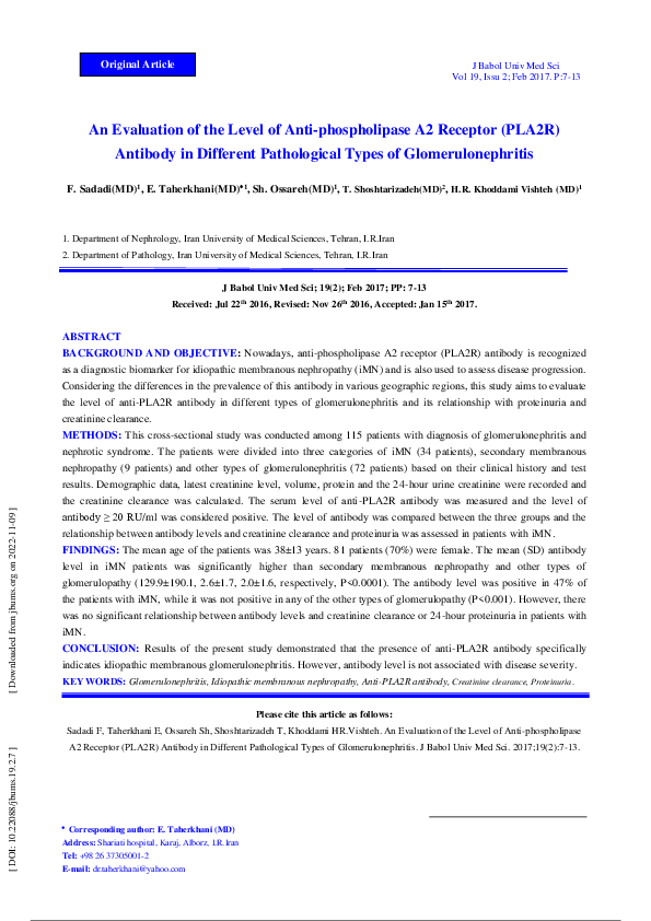(PDF) An Evaluation of the Level of Anti-phospholipase A2 Receptor (PLA2R) Antibody in Different ...