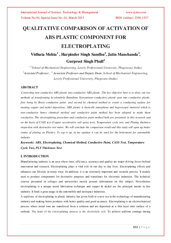 (PDF) Qualitative Comparison of Activation of Abs Plastic Component for Electroplating