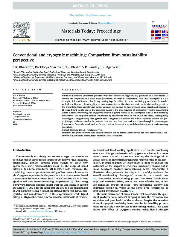 Pdf Sustainability In Machining Cryogenic Vs Conventional Methods