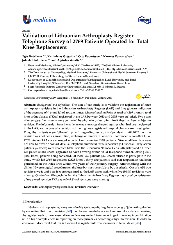 (PDF) Validation of Lithuanian Arthroplasty Register Telephone Survey of 2769 Patients Operated ...