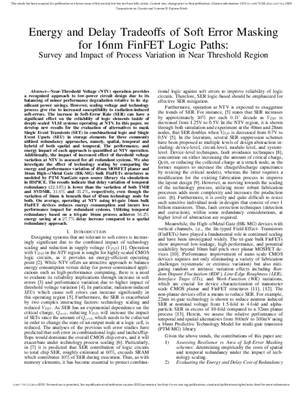 Energy And Delay Tradeoffs Of Soft Error Masking For 16nm Finfet Logic Paths Survey And Impact