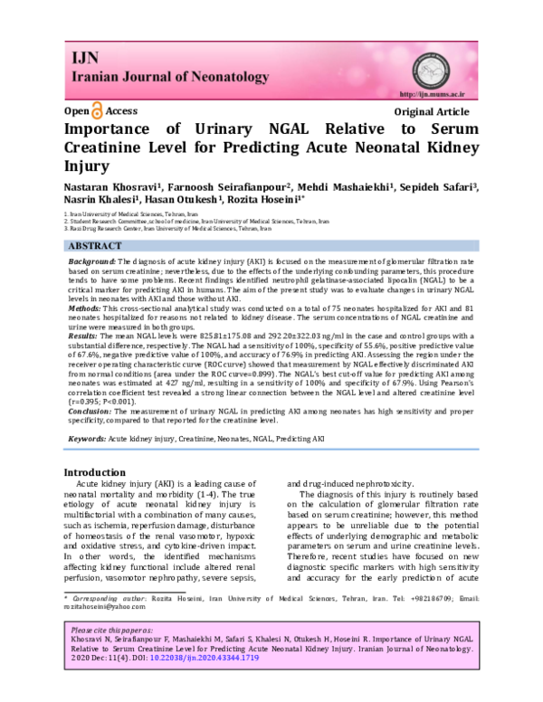 (PDF) The value of urinary NGAL compared to serum creatinine level in ...