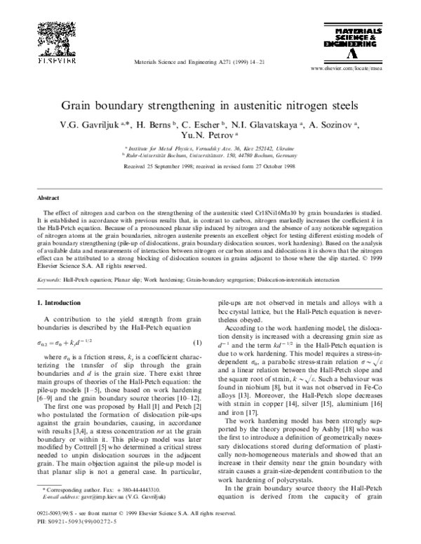 (PDF) Grain boundary strengthening in austenitic nitrogen steels