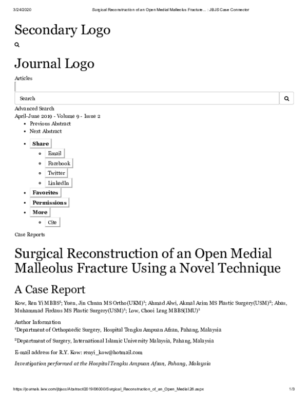 Pdf Surgical Reconstruction Of An Open Medial Malleolus Fracture