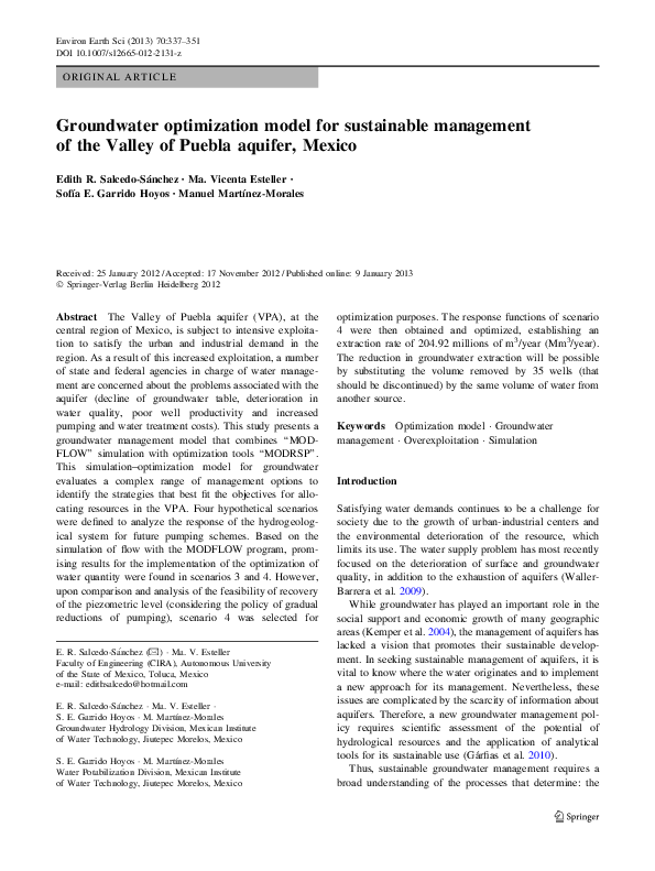 (PDF) Groundwater optimization model for sustainable management of the Valley of Puebla aquifer ...