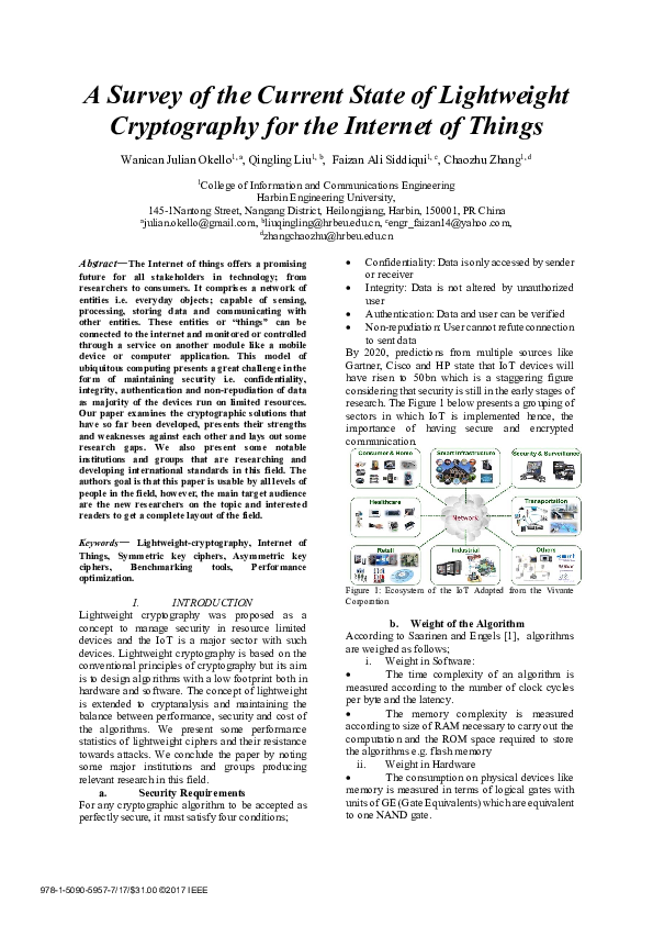 Pdf A Survey Of The Current State Of Lightweight Cryptography For The Internet Of Things