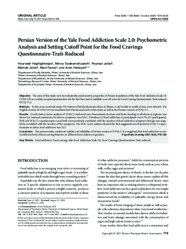 (PDF) Persian Version of the Yale Food Addiction Scale 2.0 ...