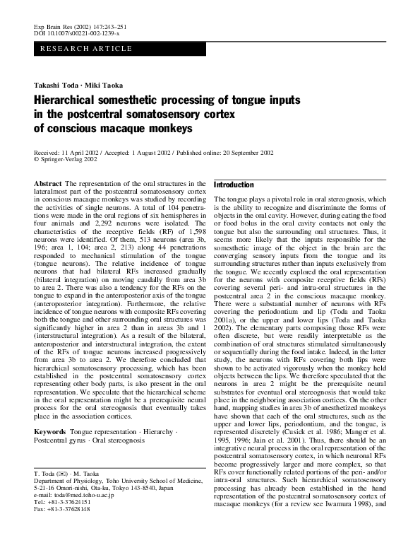 (PDF) Hierarchical somesthetic processing of tongue inputs in the ...