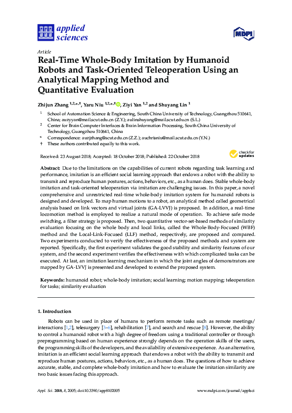 Pdf Real Time Whole Body Imitation By Humanoid Robots And Task Oriented Teleoperation Using An