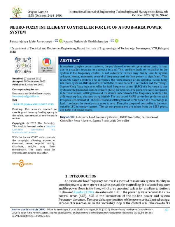 (PDF) NEURO-FUZZY INTELLIGENT CONTROLLER FOR LFC OF A FOUR-AREA POWER ...