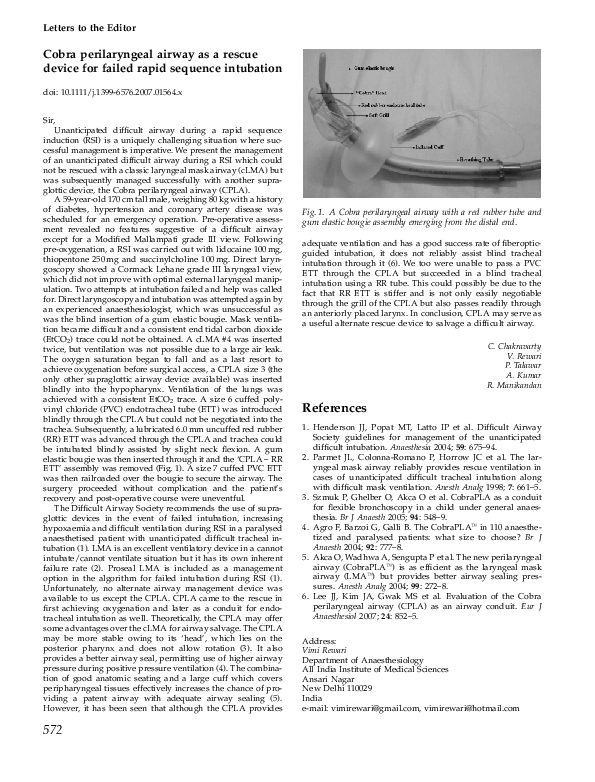 (PDF) Cobra perilaryngeal airway as a rescue device for failed rapid ...