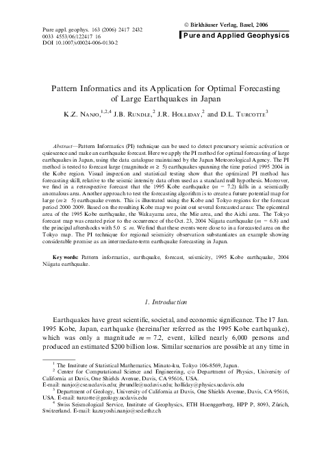 (PDF) Pattern Informatics and its Application for Optimal Forecasting of Large Earthquakes in Japan