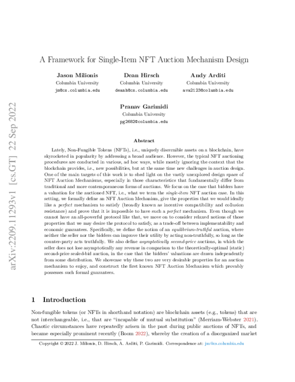 (PDF) A Framework for Single-Item NFT Auction Mechanism Design