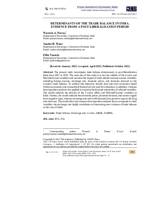 (PDF) Determinants of the Trade Balance in India. Evidence from a Post ...