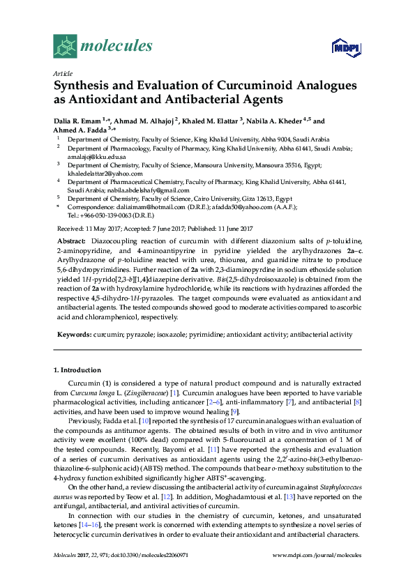 (PDF) Synthesis and Evaluation of Curcuminoid Analogues as Antioxidant and Antibacterial Agents