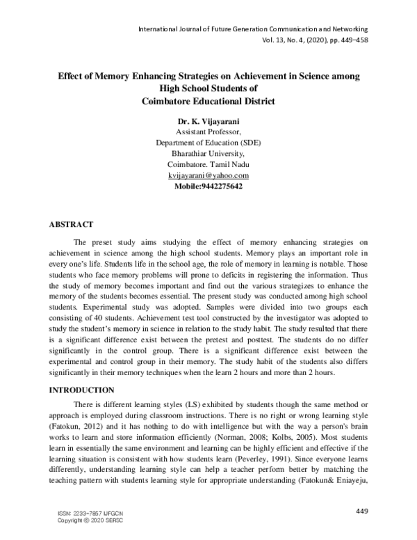 (PDF) Effect of Memory Enhancing Strategies on Achievement in Science ...