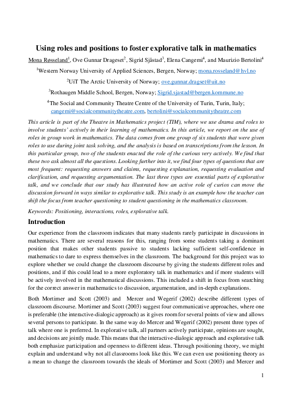 (PDF) Using roles and positions to foster explorative talk in mathematics